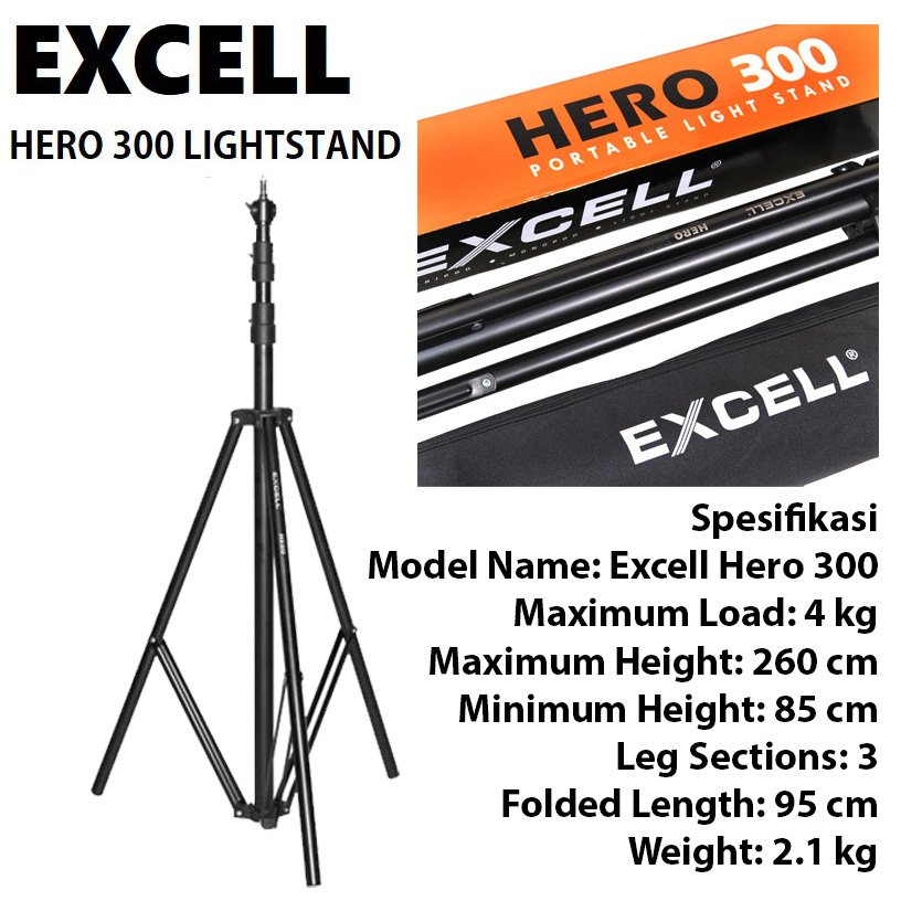 Jual Excell Hero 300 Light Stand Lampu Studio Tripod Lightstand Godox ...