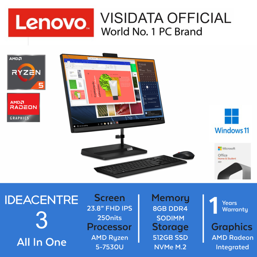 Jual Lenovo IdeaCentre AIO 3 QVID Ryzen 5-7530U 8GB 512GB 23.8"FHD OHS ...