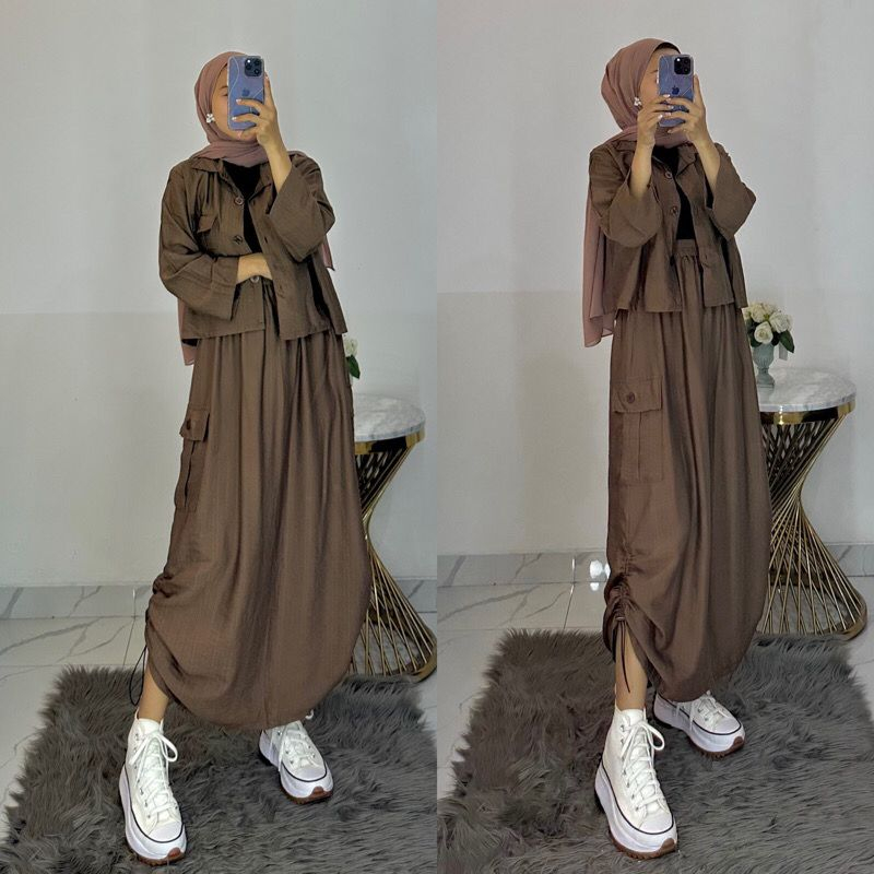 Jual Setelan rok wanita cargo bahan polo linen terbaru set wanita daily ...