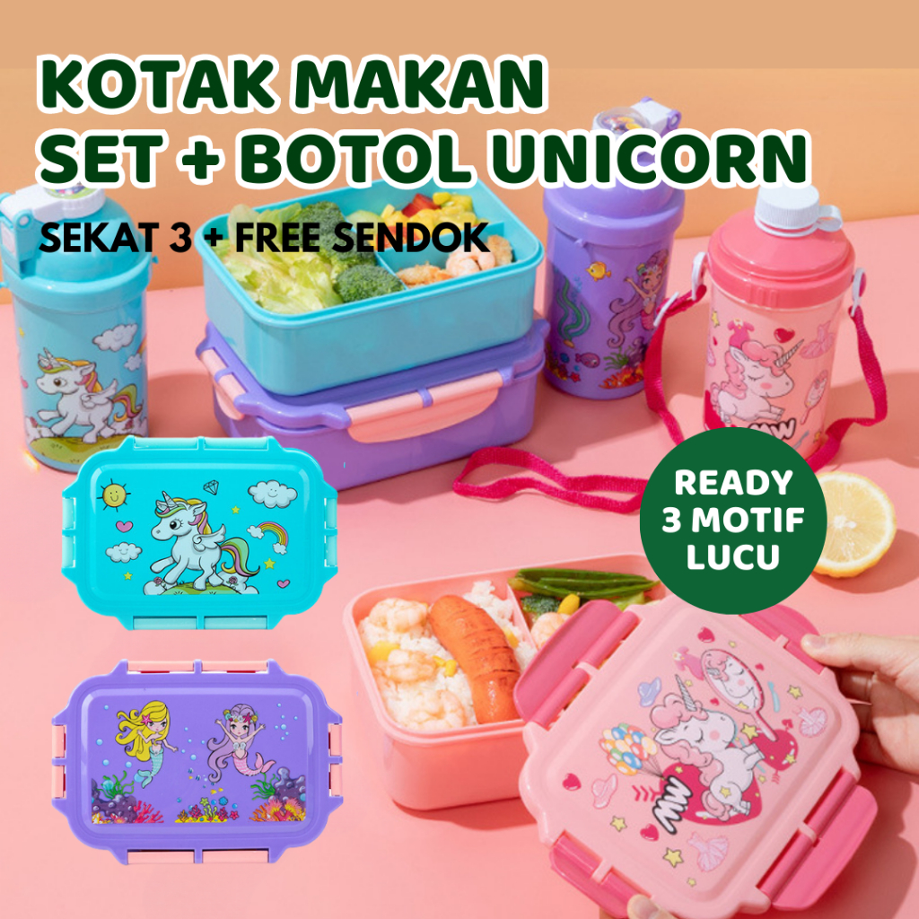 Jual Kotak Makan Set Botol Minum Anak Sekat 3 Free Sendok Karakter Unicorn | Shopee Indonesia