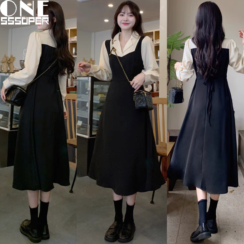 Jual Gaun Lengan Panjang Hepburn Gaun A-line Palsu Dua Potong Wanita ...