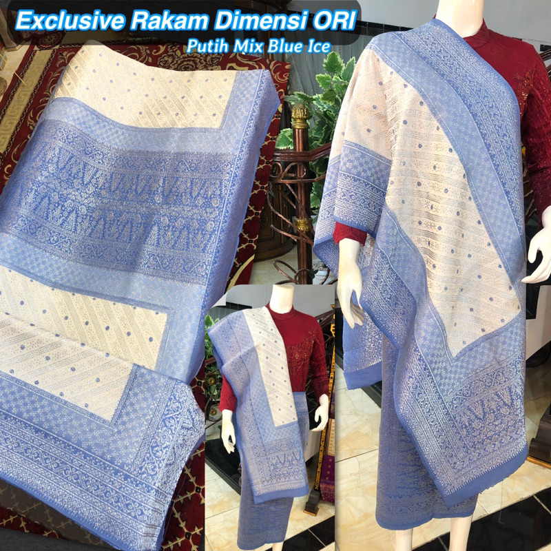 Jual NEW EXCLUSIVE Songket Rakam Kandang Dimensi ORI /Putih Mix Blue Ice /songket tenun asli ...