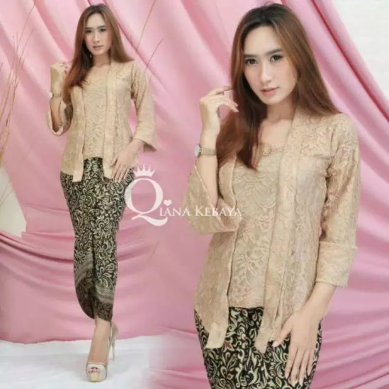 Jual Kebaya Kutubaru Brokat Modern Satu Set Rok Lilit Lengan Panjang Encim Warna Mocca Untuk ...