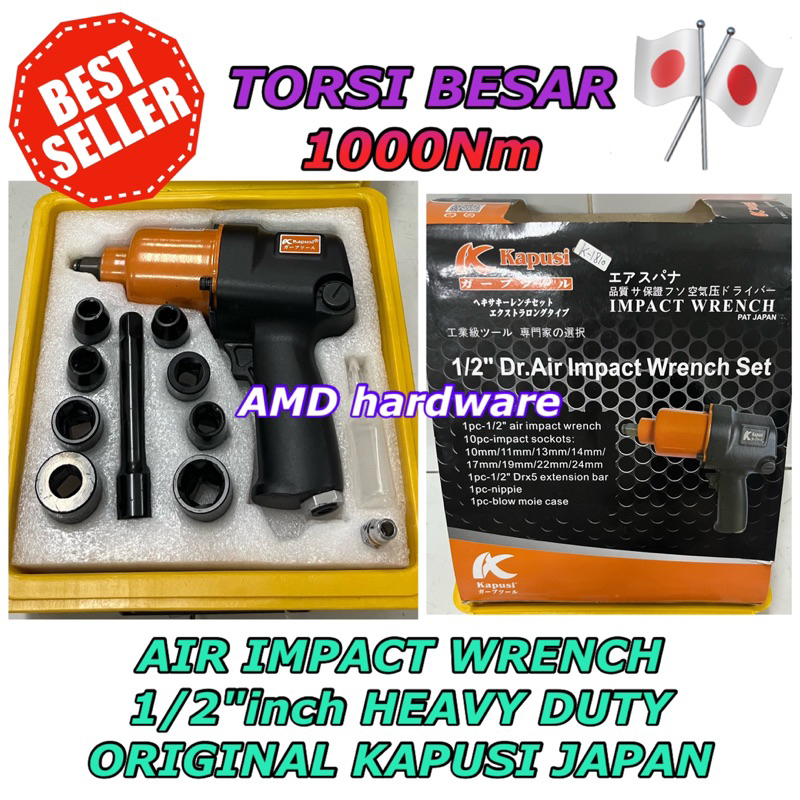 Jual KAPUSI JAPAN HEAVY DUTY TWIN HAMMER AIR IMPACT WRENCH SET 1/2"inch 12pcs TORSI BESAR 1000Nm ...