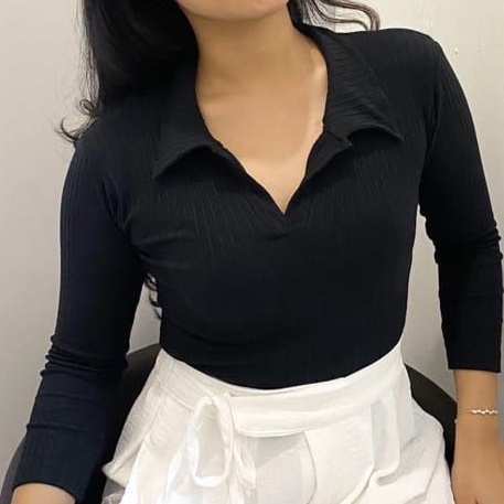 Jual Crop Top Longsleve knit polo baju atasan wanita lengan panjang | Shopee Indonesia