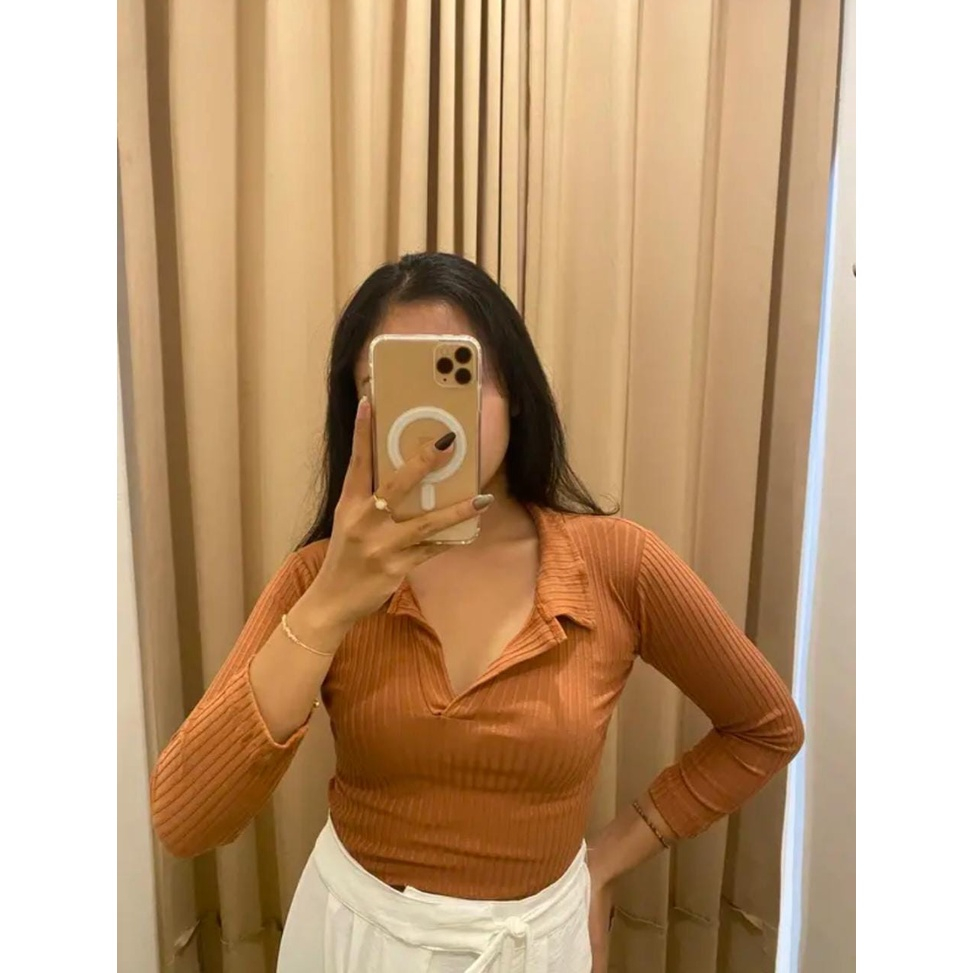 Jual Crop Top Longsleve knit polo baju atasan wanita lengan panjang | Shopee Indonesia