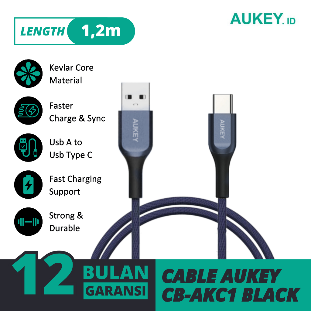 Jual Kabel Charger Type C Aukey CB-AKC1 QC 2.0 Kevlar Cable 1.2M Black ...