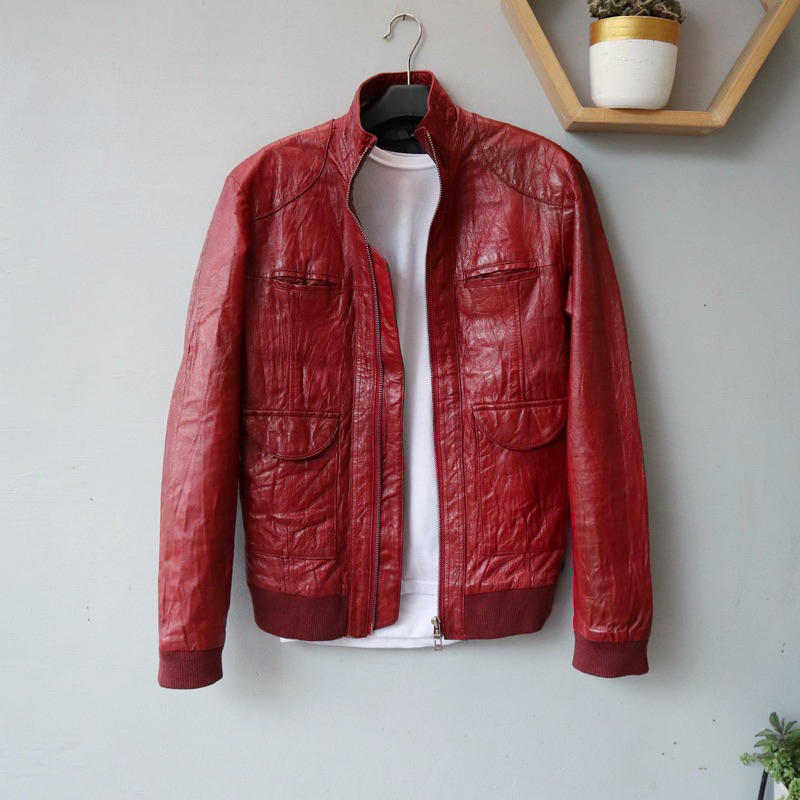Jual Jaket kulit asli motor bomber merah rider Pl bekas preloved second ...