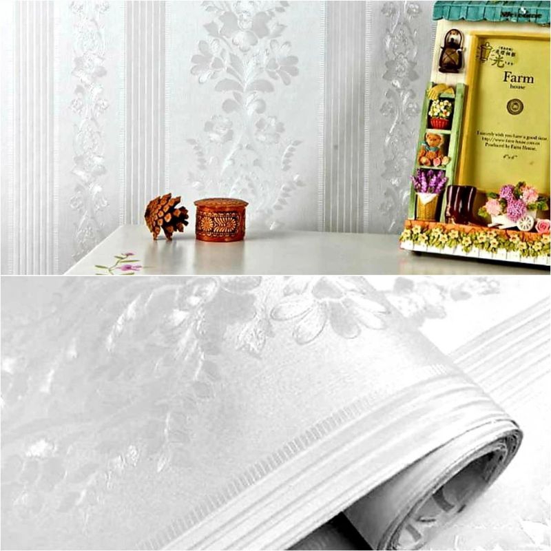 Jual Wallpaper Sticker Dinding Putih Polos Bertekstur Salur Batik Dekorasi Dinding Ruang Tamu ...