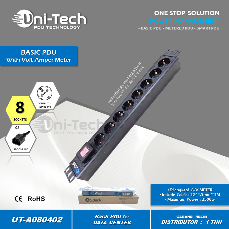 Jual PDU 8 Sockets DIN49440 with AV2 Meter, Input C14 10A | Shopee ...