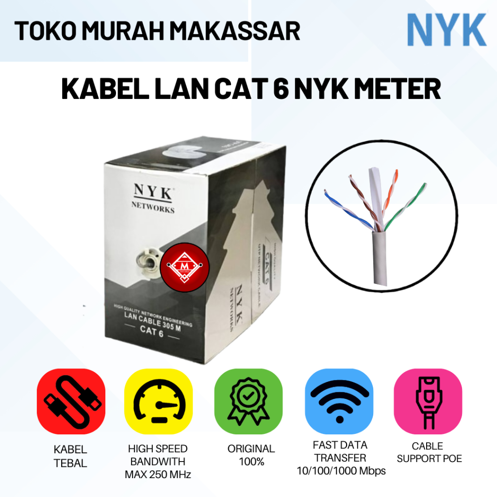 Jual KABEL LAN UTP CAT 6 NYK CABLE UTP LAN CAT 6E METERAN ORI / NET02-NYK | Shopee Indonesia
