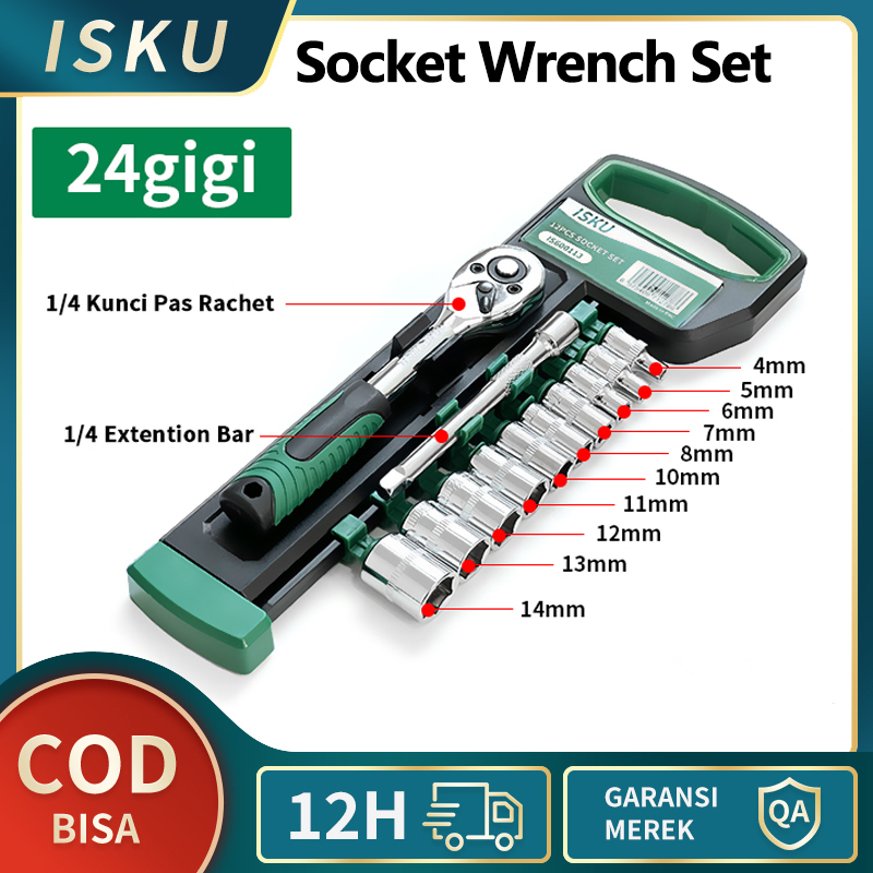 Jual Isku Kunci Socket Ratchet Set 12 Pcs 1/4 Inch 24gigi 4-14mm Mata ...