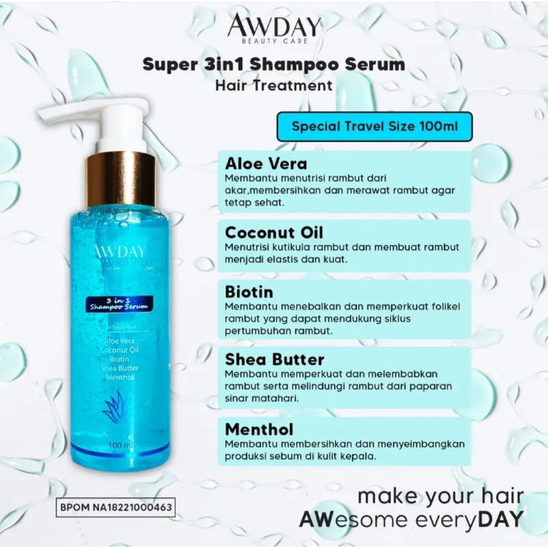 Jual Awday 3in1 Shampoo 100ML Spesial TRAVEL SIZE Serum Hair Treatment ...