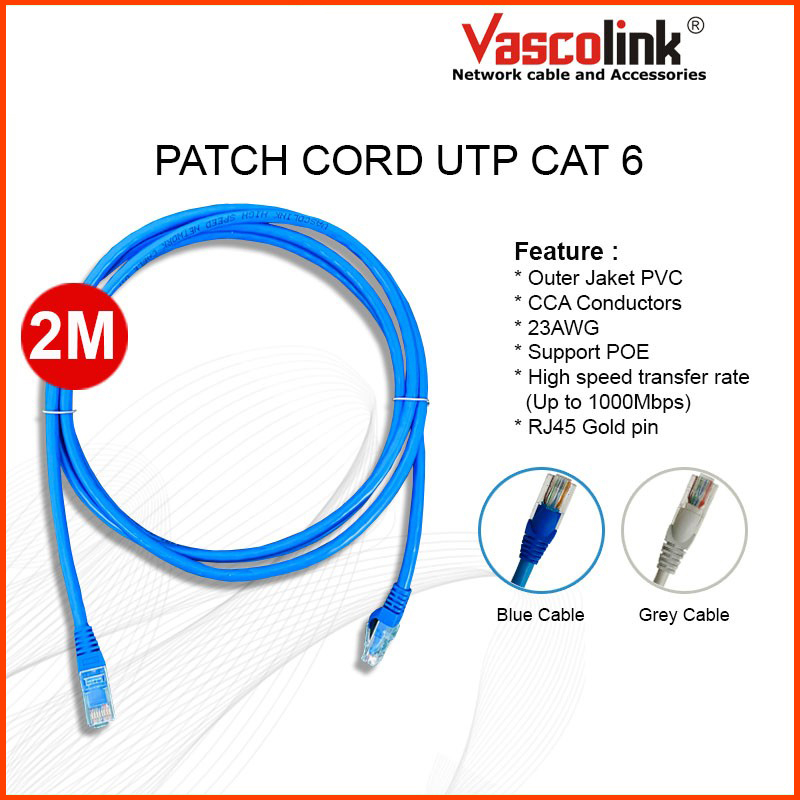 Jual Kabel Jaringan LAN RJ45 Vascolink Patchcord UTP Cat 6 Blue - 2 ...