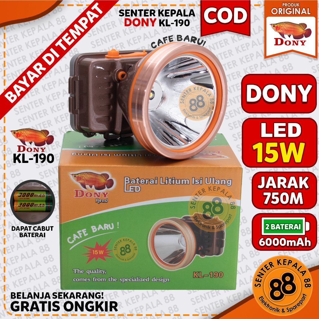 Jual DONY Senter Kepala Dony Bisa Cabut Baterai KL 190 Cafe Baru Cas LED Terang 15 WATT | Shopee ...