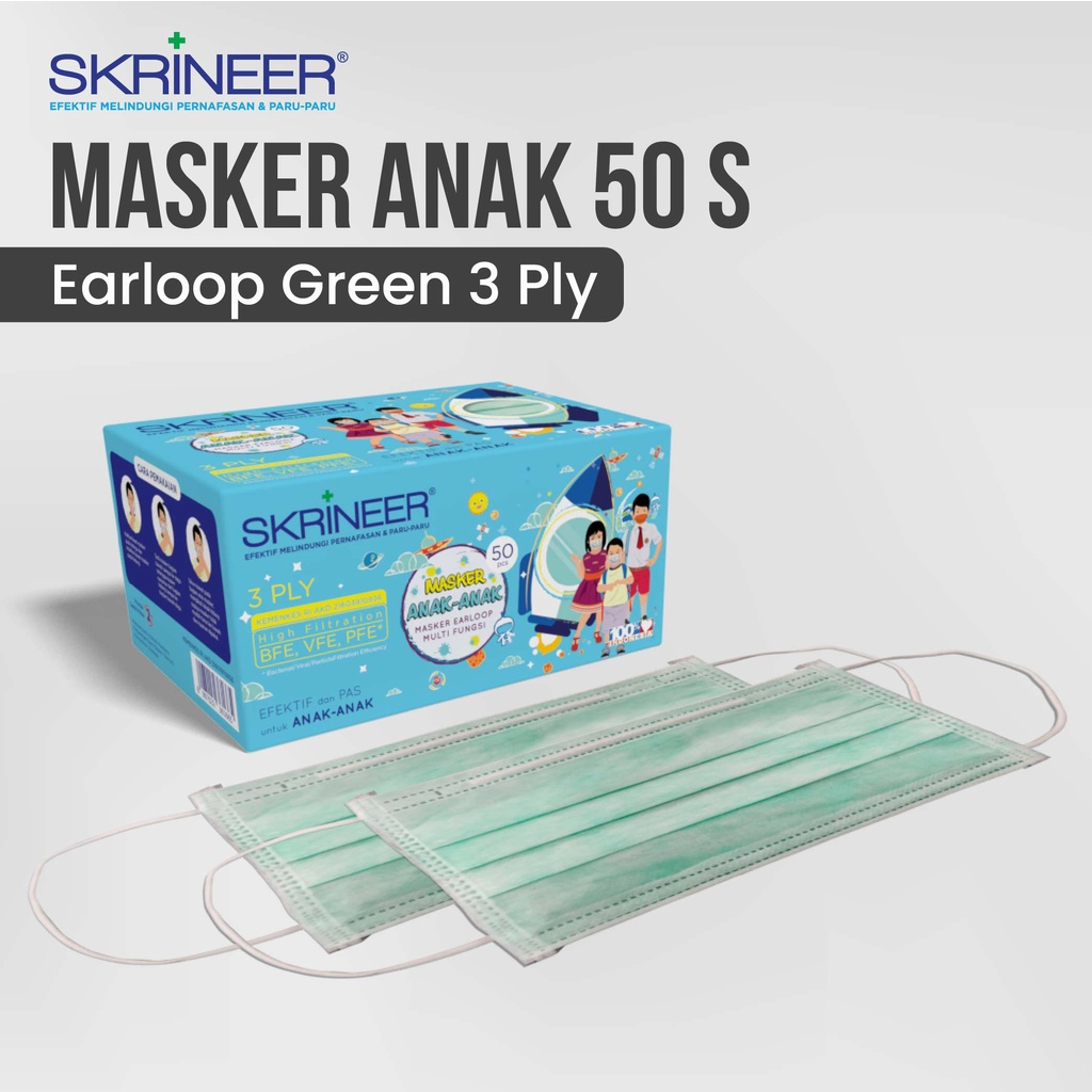 Jual Masker Anak Skrineer 3 lapis Isi 50 Pcs Earloop Green Masker Anak ...