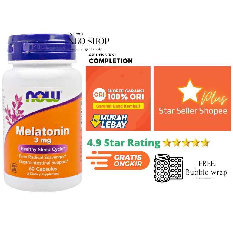 Jual NOW Foods Melatonin 5 mg 3 mg 3mg - 60 Veg capsules obat tidur susah tidur suplement tidur ...