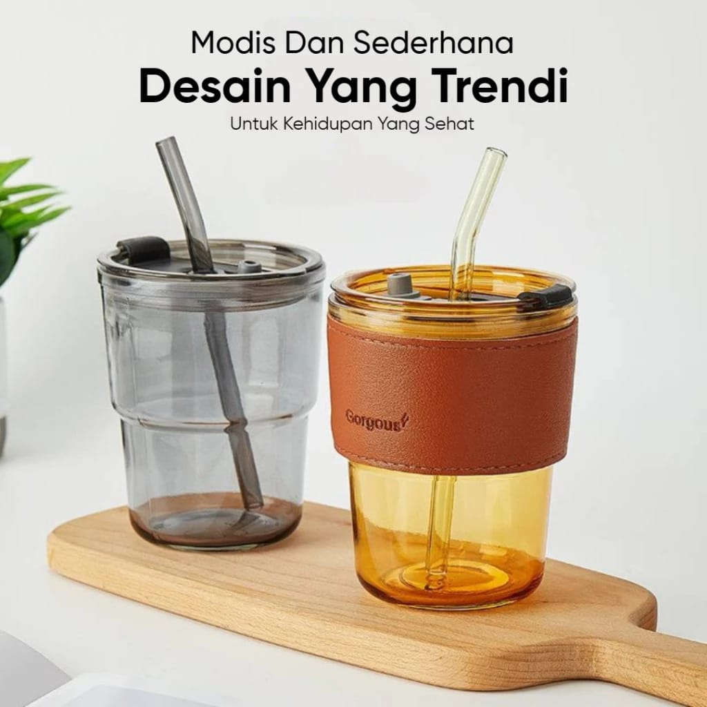 Jual GELAS KACA 400ML FREE SEDOTAN - TUMBLER KACA 2 IN 1 | Shopee Indonesia
