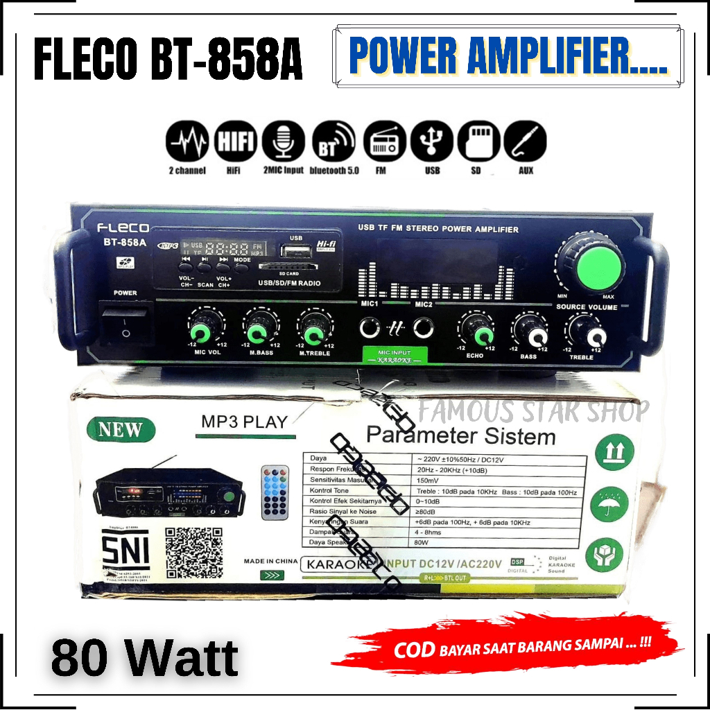 Jual Amplifier FLECO BT-858A NEW JUMBO Bluetooth Audio Amplifier Karaoke Home Theter BASS-TRABLE ...