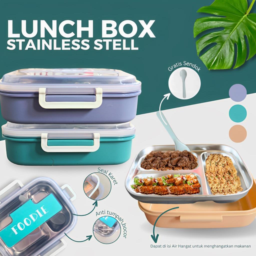 Jual Kotak Bekal Makan Anti Tumpah Stainless 3 Sekat Lunch Box | Shopee Indonesia