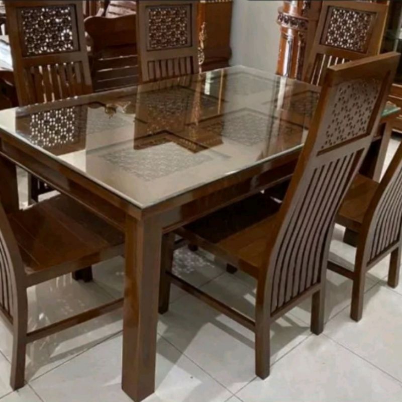 Jual Meja Makan Ukir Kayu Jati 6 Kursi Plus Kaca | Shopee Indonesia