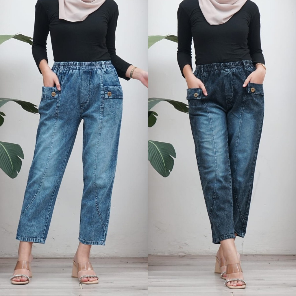 Jual JEJE Boyfriend Jeans Spary Elastics Waist Loop belt Highwaist ...