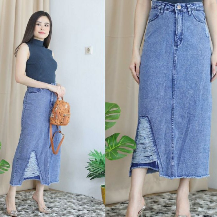 Jual Soomi Rok Jeans Skirt Span Ripped Non-Strecth (Sobekan Tidak ...
