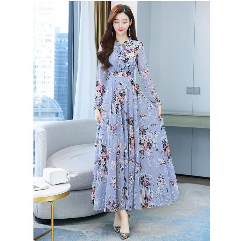 Jual 97710 Baju maxidress longdress FLORAL BUNGA MAXI DRESS hijau biru ...