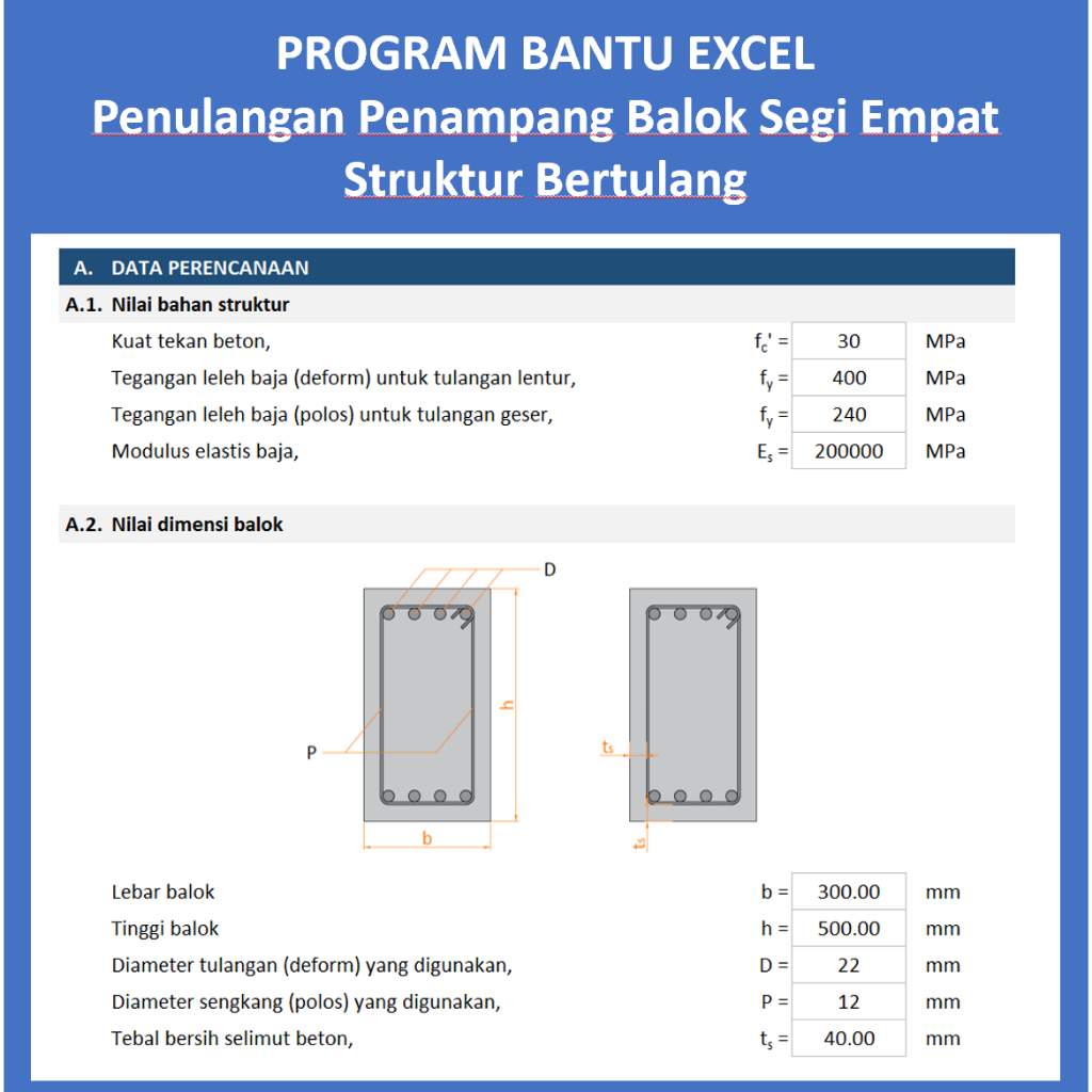 Jual Program Bantu Excel - Perhitungan Penulangan Penampang Balok Segi ...