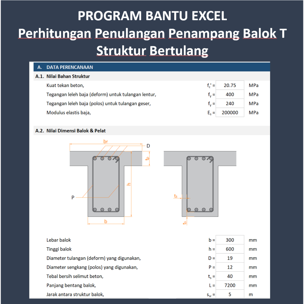 Jual Program Bantu EXCEL - Perhitungan Penulangan Penampang Balok T ...