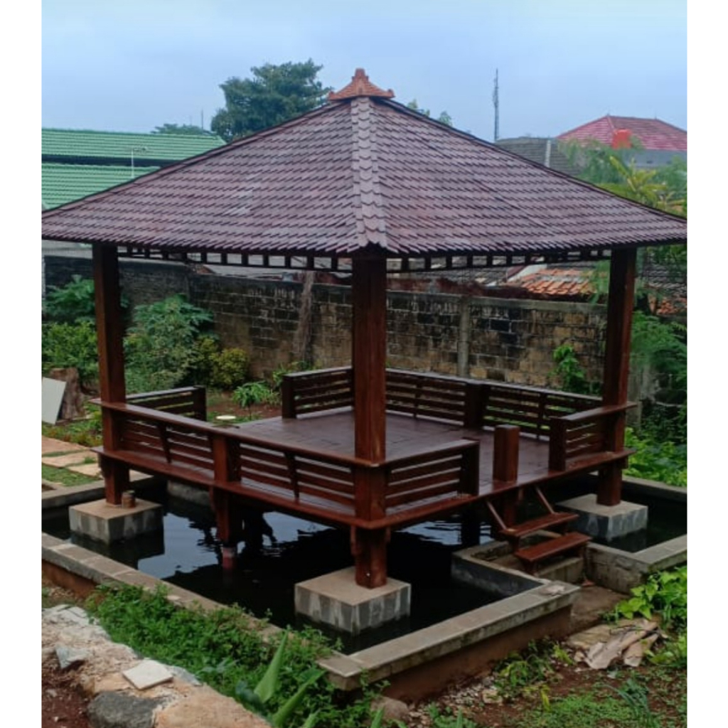 Jual Gazebo Ukuran 4x4 Meter Model FUll Sandaran 2 Pintu Kayu Kelapa ...