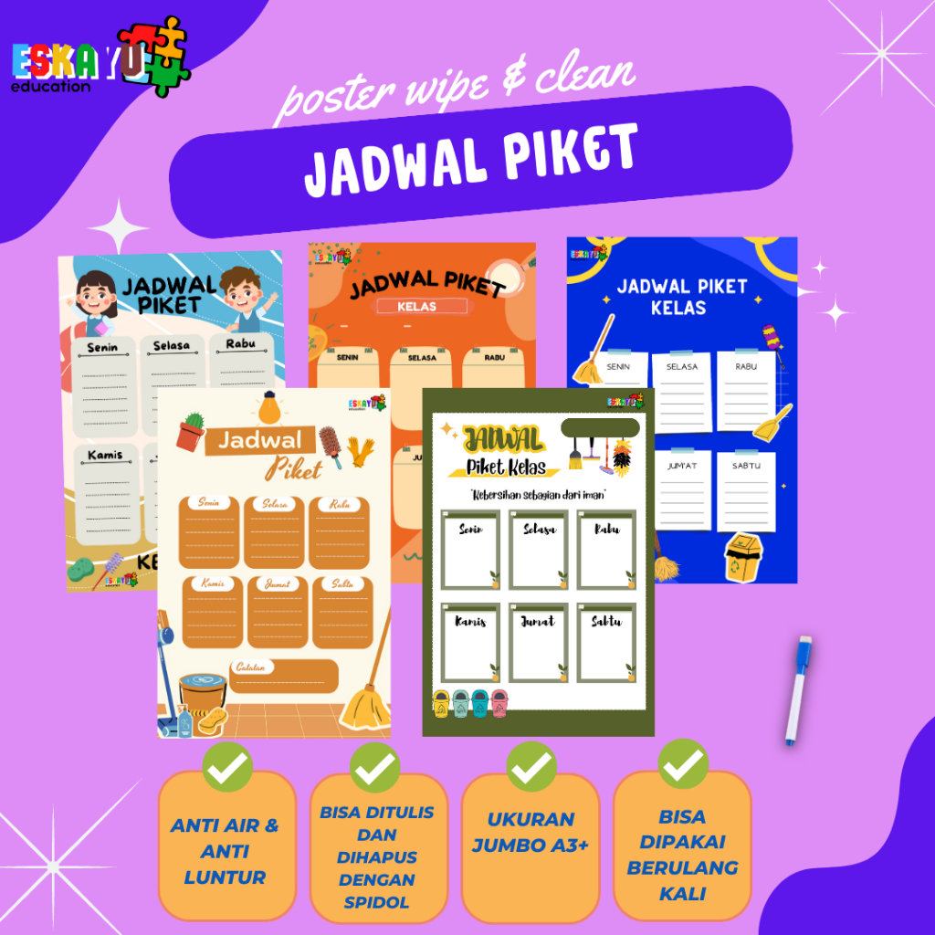 Jual POSTER JADWAL PIKET KELAS wipe and clean bisa dihapus kembali ...