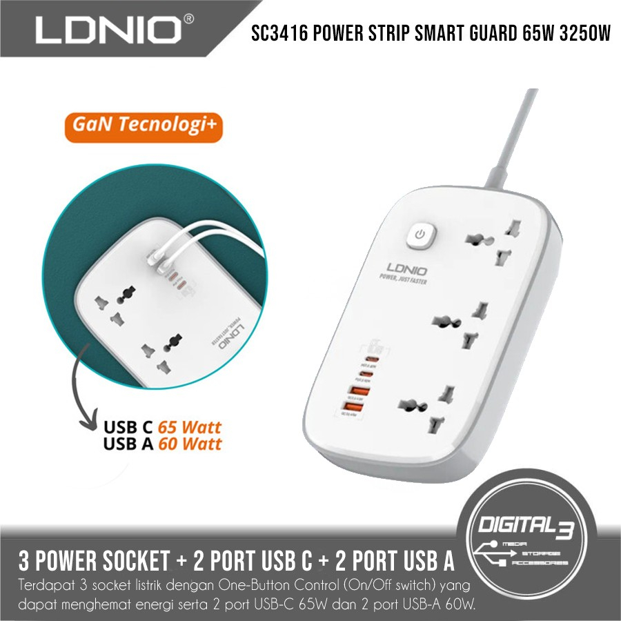 Jual LDNIO SC3416 Stop Kontak 3 Socket Power Strip USB C A 65W GaN Charger | Shopee Indonesia