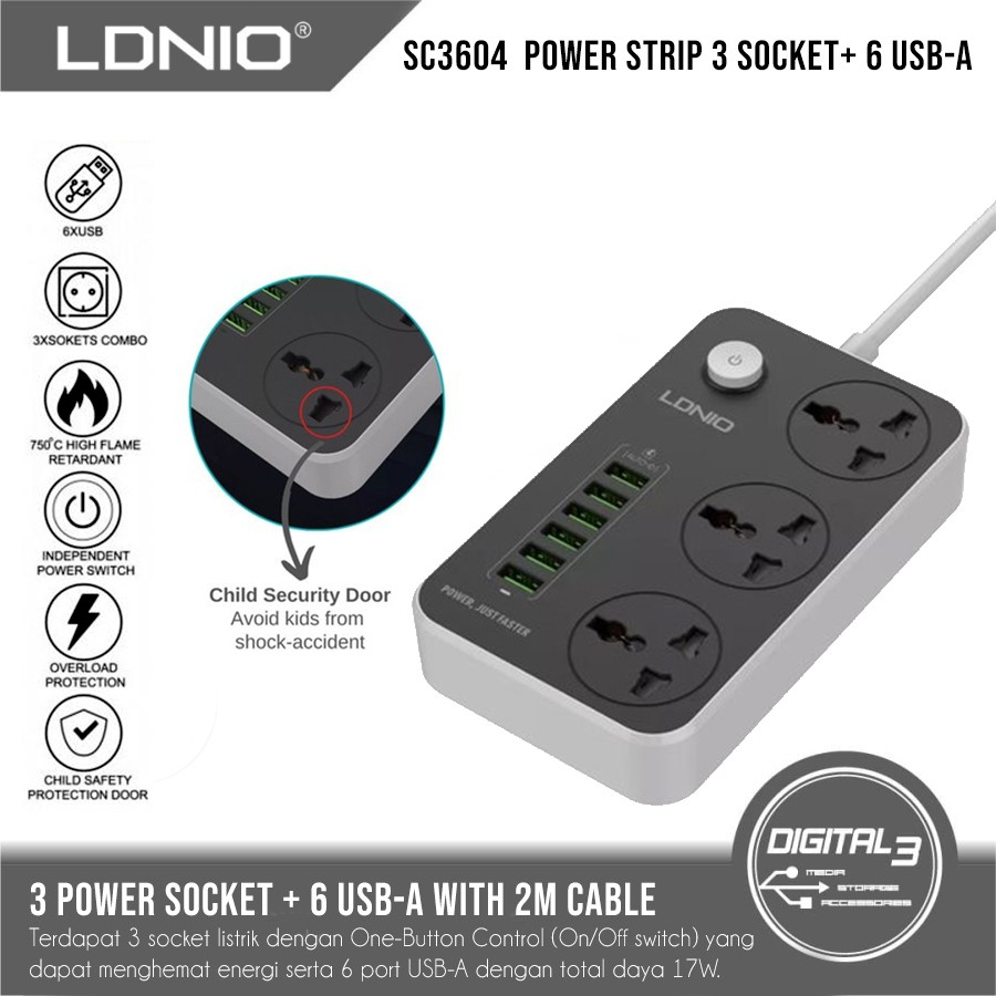 Jual LDNIO SC3604 Stop Kontak 3 Socket Power Strip + 6 Ports USB-A Charger | Shopee Indonesia