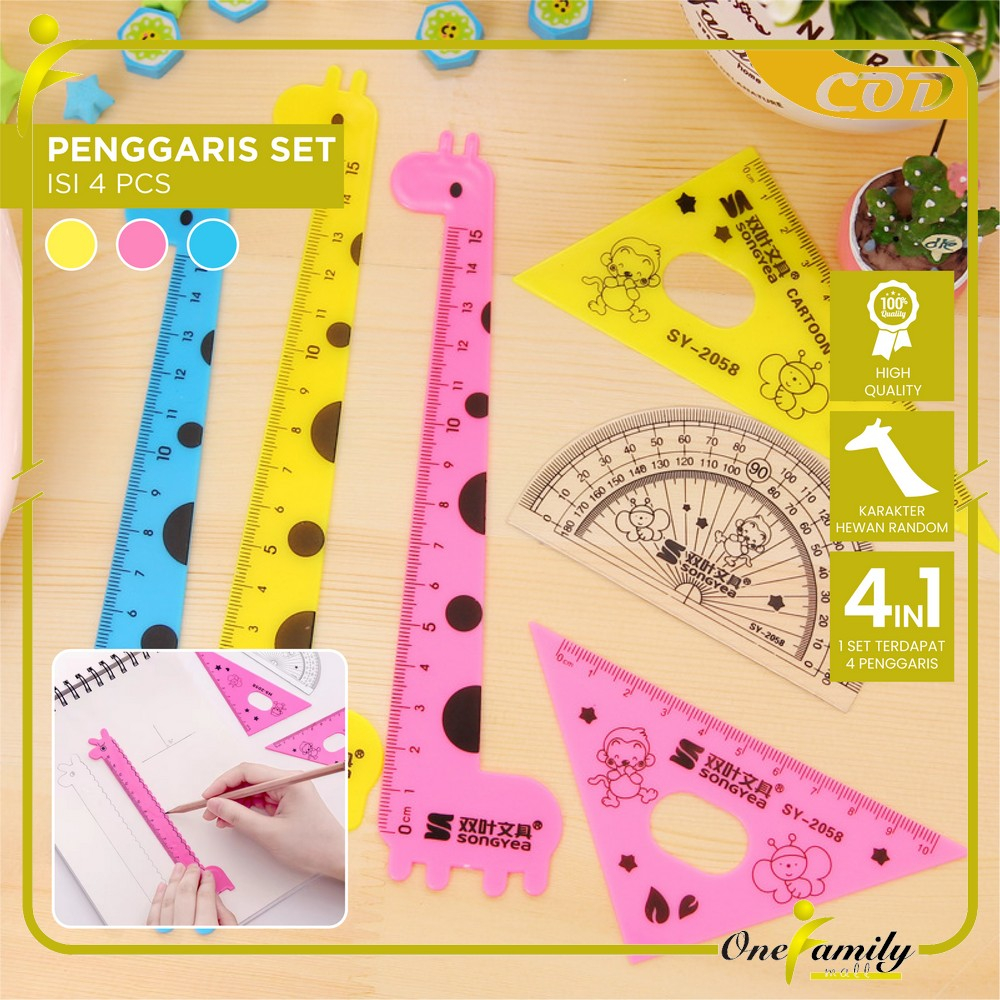 Jual ONE-A66 Penggaris Plastik 15cm Set Isi 4 Alat Tulis Sekolah Kantor ...