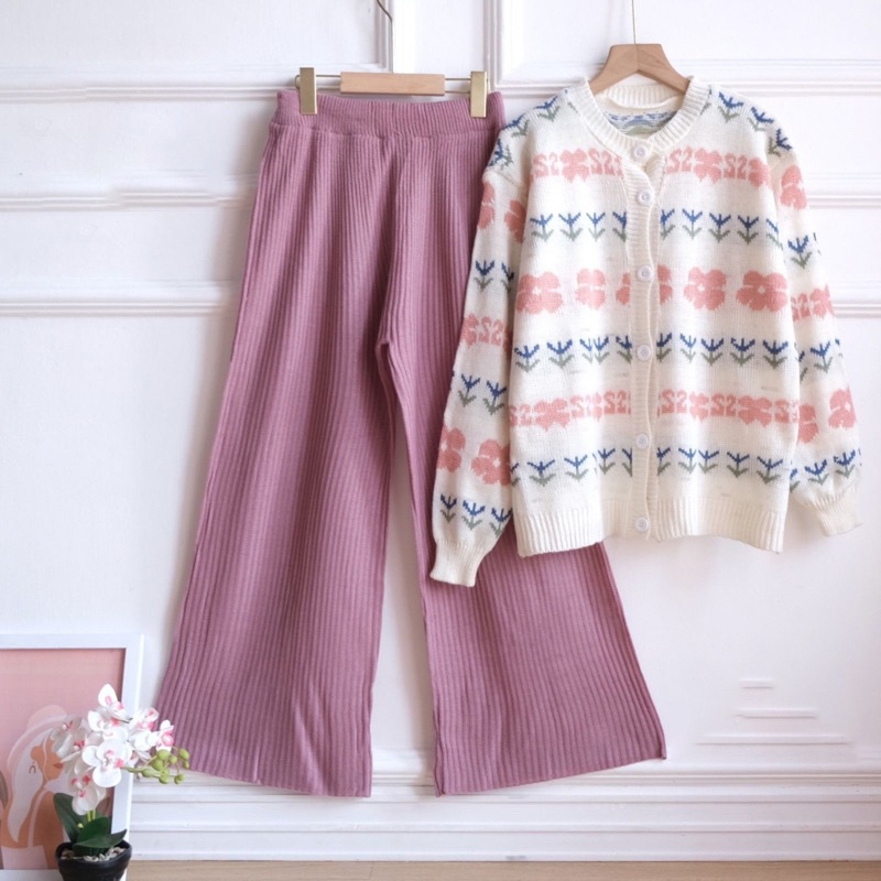 Jual IL - Setelan One Set Wanita Knit Resme FLOWER Kulot Hornet Wanita / Set Cardigan Dan Kulot ...