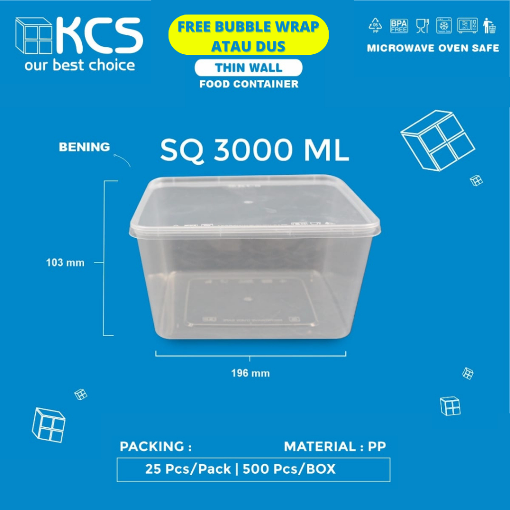 Jual Thinwall Square Kotak ukuran 3000 ML Isi 25pcs / Kotak Makan ...
