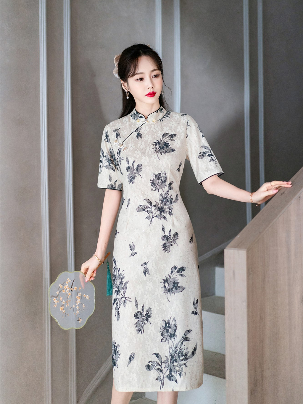 Jual Tianshun Chiffon Lace Printing Short Sleeve Modern Qipao ...