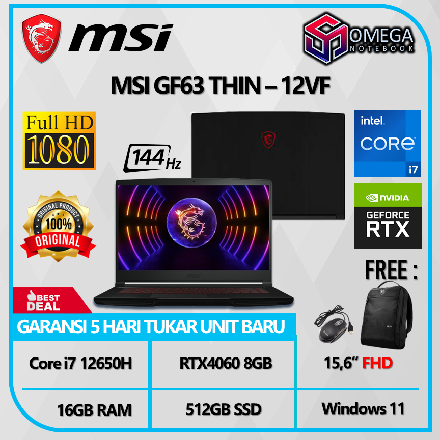 Jual MSI GF63 THIN 12VF i7 12650H 16GB 512GB RTX4060 6GB 15,6 FHD Windows 11 | Shopee Indonesia