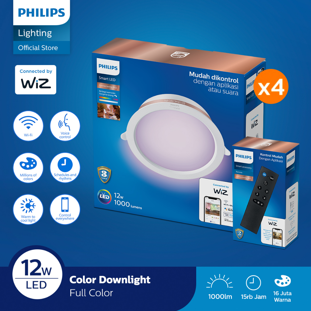 Jual Philips 4x Smart Wifi LED Downlight 12W Color FREE Remote Control ...