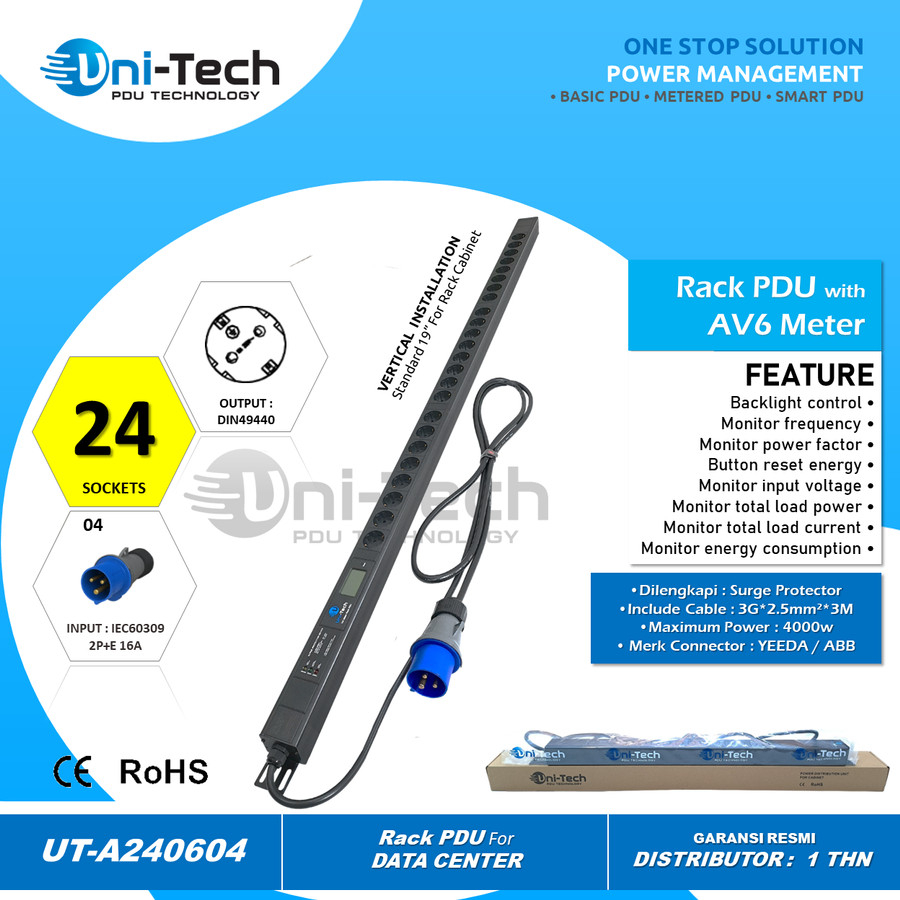 Jual PDU 24 Sockets Germany Style with Av6 Meter, Input IEC60309 (2P+E ...
