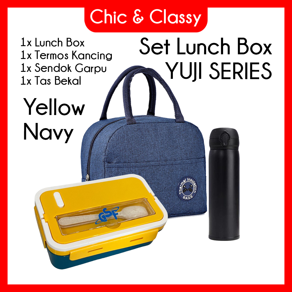 Jual YUJI SET || Lunch Box + Termos Kancing + Tas bekal + Sendok Garpu / Kotak Makan / Bekal ...