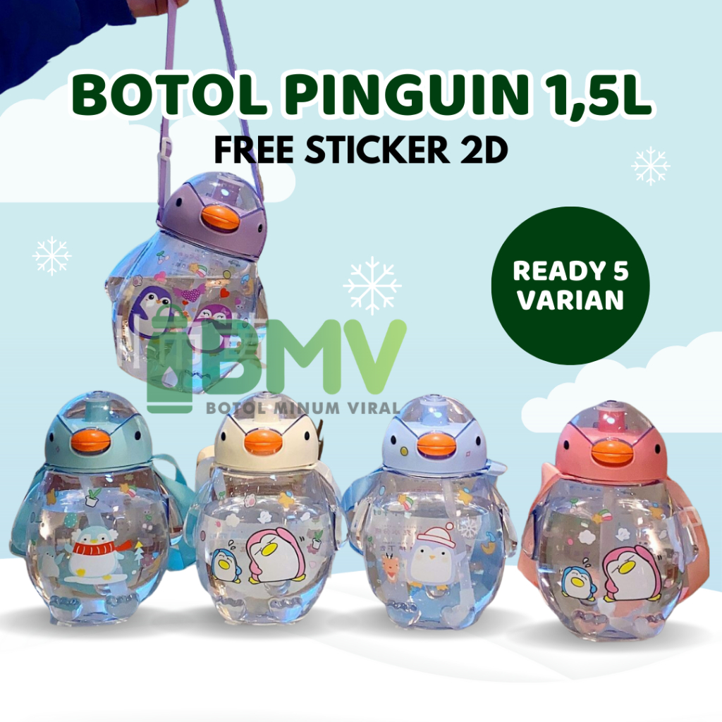 Jual Botol Minum Viral Gemoy Penguin 1,5 Liter Sedotan Tali Panjang | Shopee Indonesia