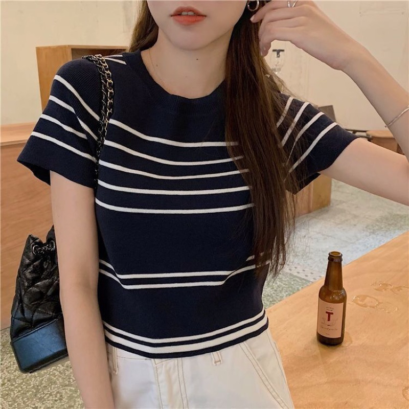 Jual Kaos Lengan Pendek Wanita Atasan Rajut Korean Style Knit Crop Top Stripe T-shirt | Shopee ...