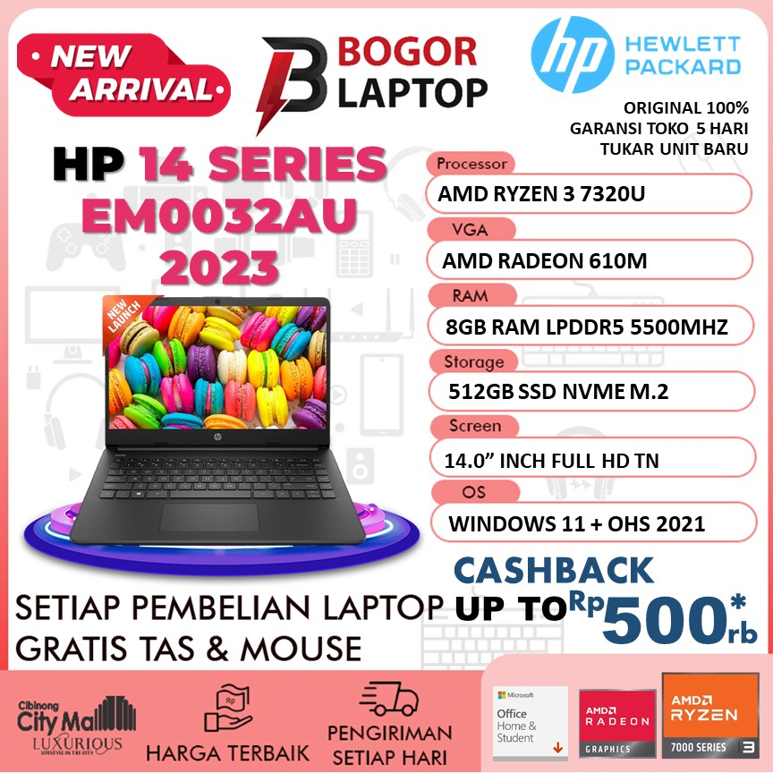 Jual Laptop HP 14 Series 2023 EM0032AU Amd Ryzen 3 7320U 8gb Ram DDR5 ...