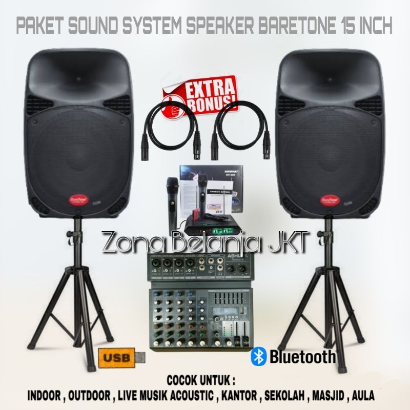 Jual PAKET SOUND SYSTEM INDOOR OUTDOOR SPEAKER AKTIF 15 INCH BARETONE MIXER ASHLEY MIC WIRELESS ...