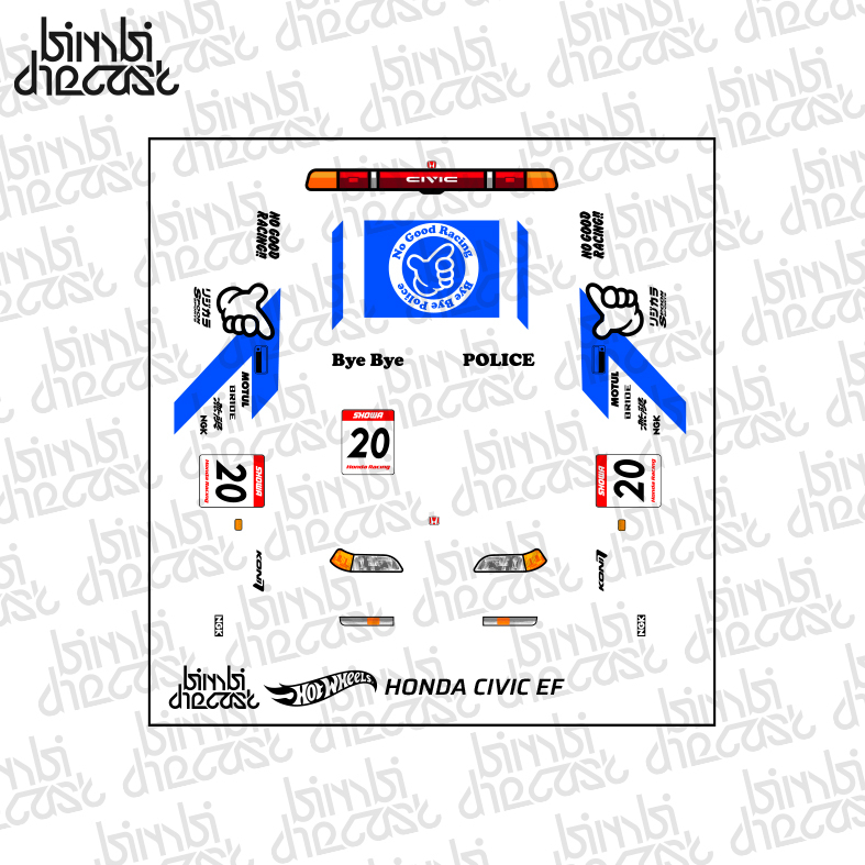 Jual Decal Hotwheels Honda Civic EF Bye Bye Police Biru Transparan ...