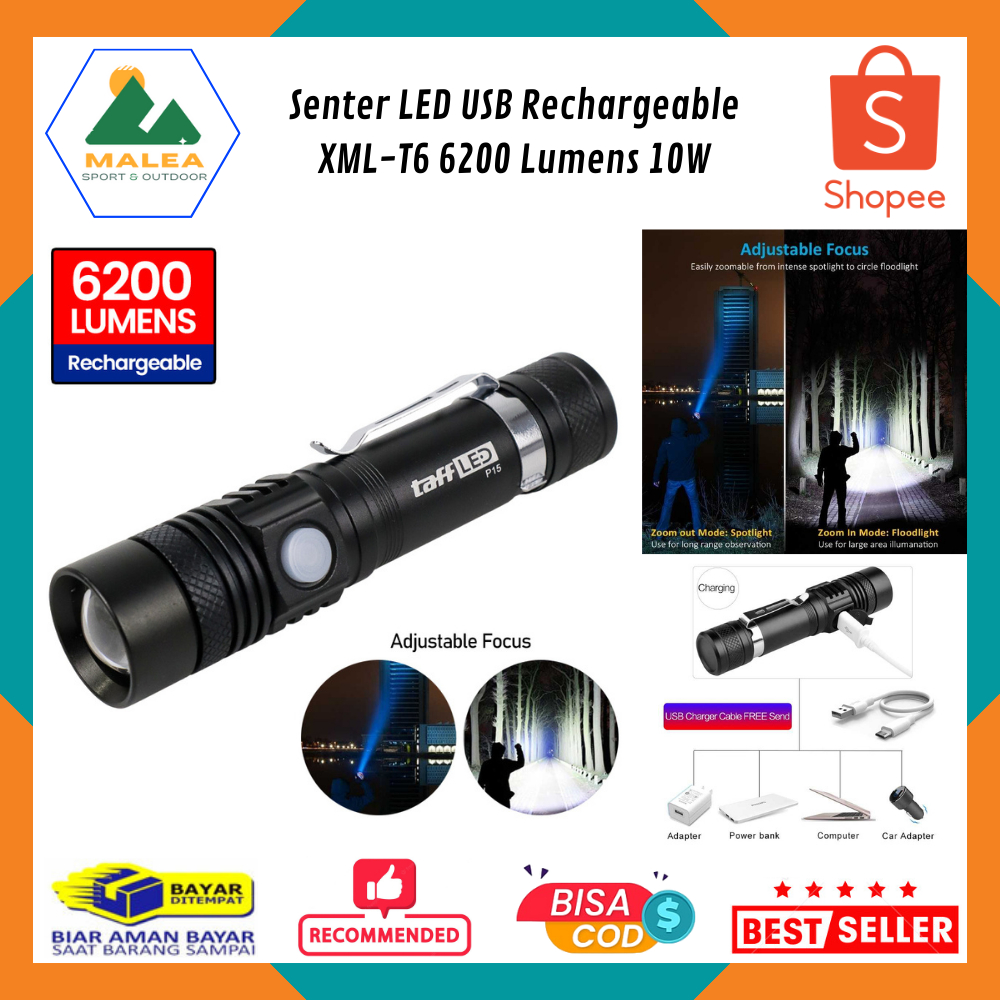 Jual Senter LED USB Rechargeable XML-T6 6200 Lumens 10W / Senter Led ...
