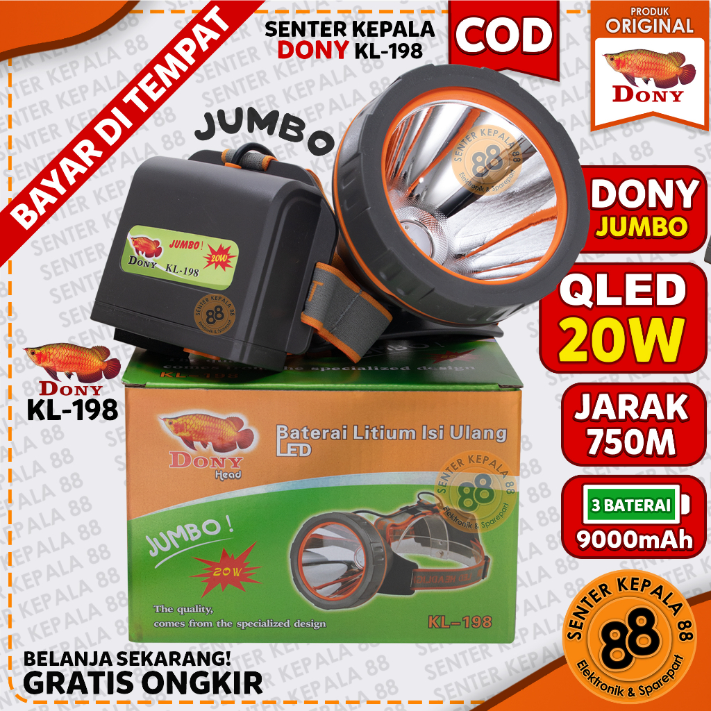 Jual Senter kepala Cas DONY KL198 KL 198 JUMBO 20 WATT 20W QLED LED T6 ...