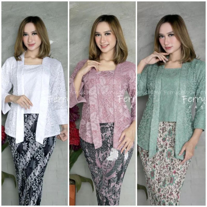 Jual Set Baju Kebaya Modern Kutubaru Brokat Lengan Pendek Mix Rok Plisket Batik Panjang Atasan ...